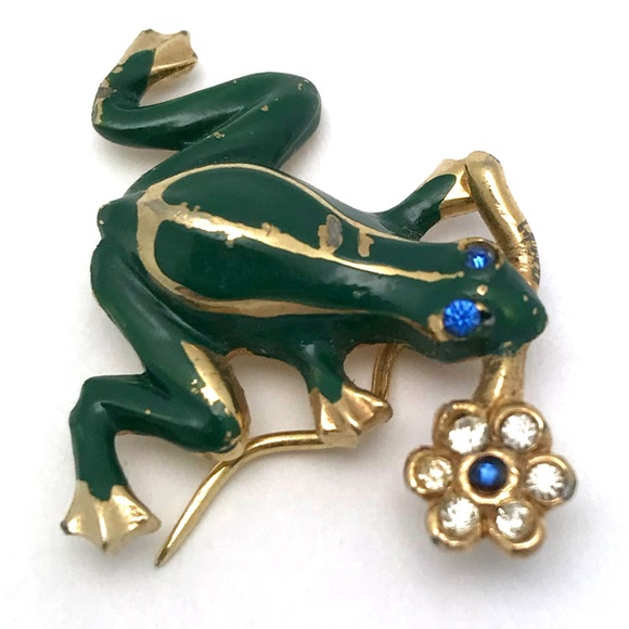 Jewelry | Vintage Green Frog Brooch With Rhinestone Flower And Eyes ...